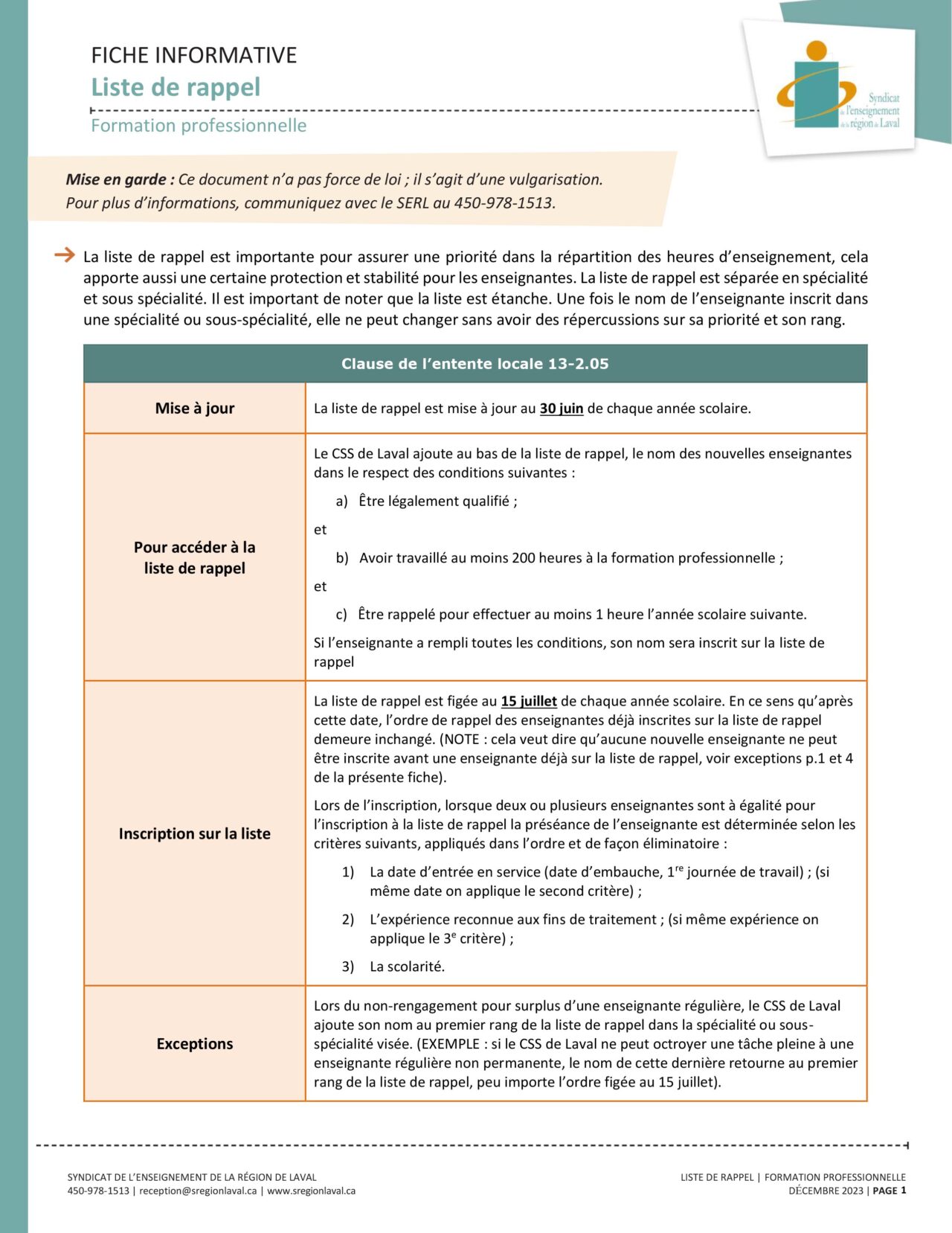 Fiches informatives | SERL